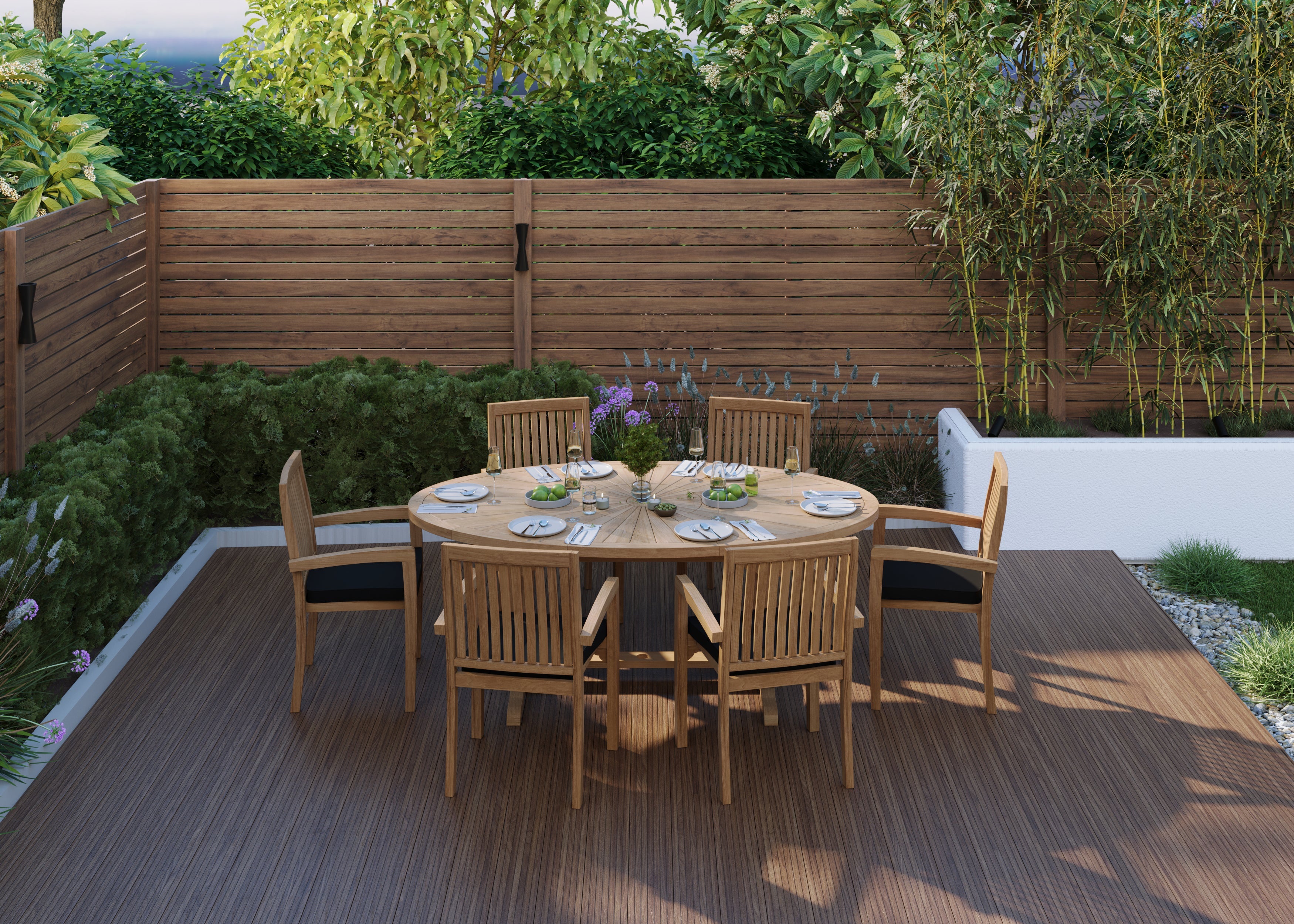 Teak Garden Furniture Set 2m Sunshine table 4cm top with 6 Henley stac