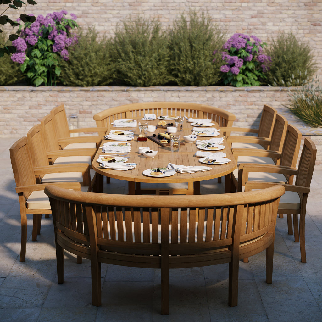 Teak 2-3m Oval Extending Table 4cm Top 4cm Top with 8 Henley Stacking ...